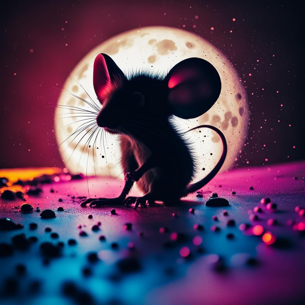 Photograph, Macro, mouse in colorful ink splash on moon, particles ...