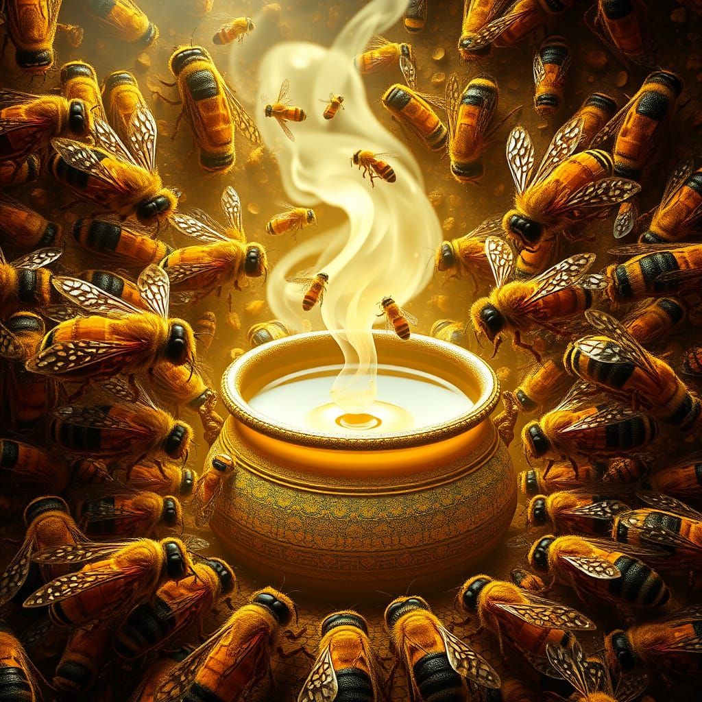 Surreal Bees Converge Around a Glowing Honey Pot i... - AI Art