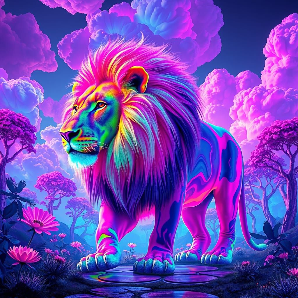 Vibrant Surreal Lion in a Kaleidoscopic Dreamscape - AI Art