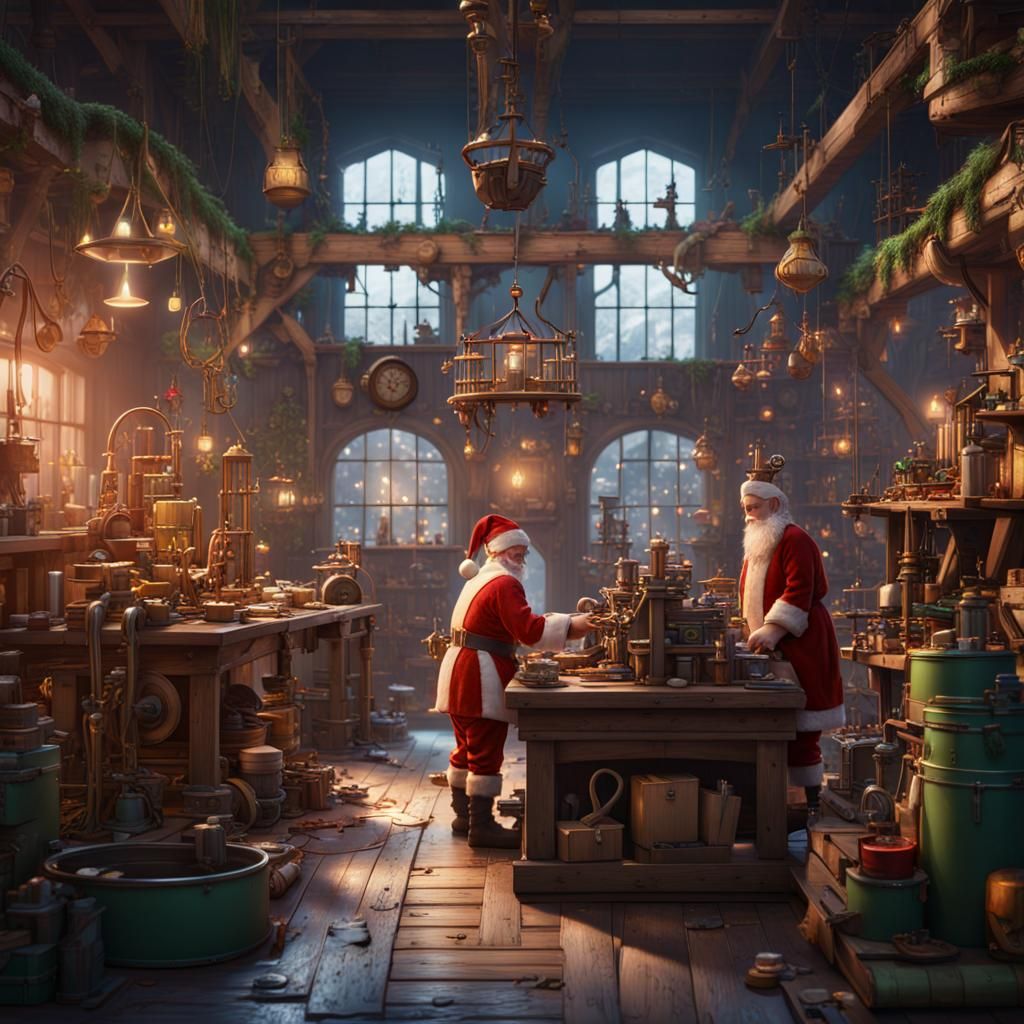 Santa's workshop factory full of many elves working on toys - AI ...