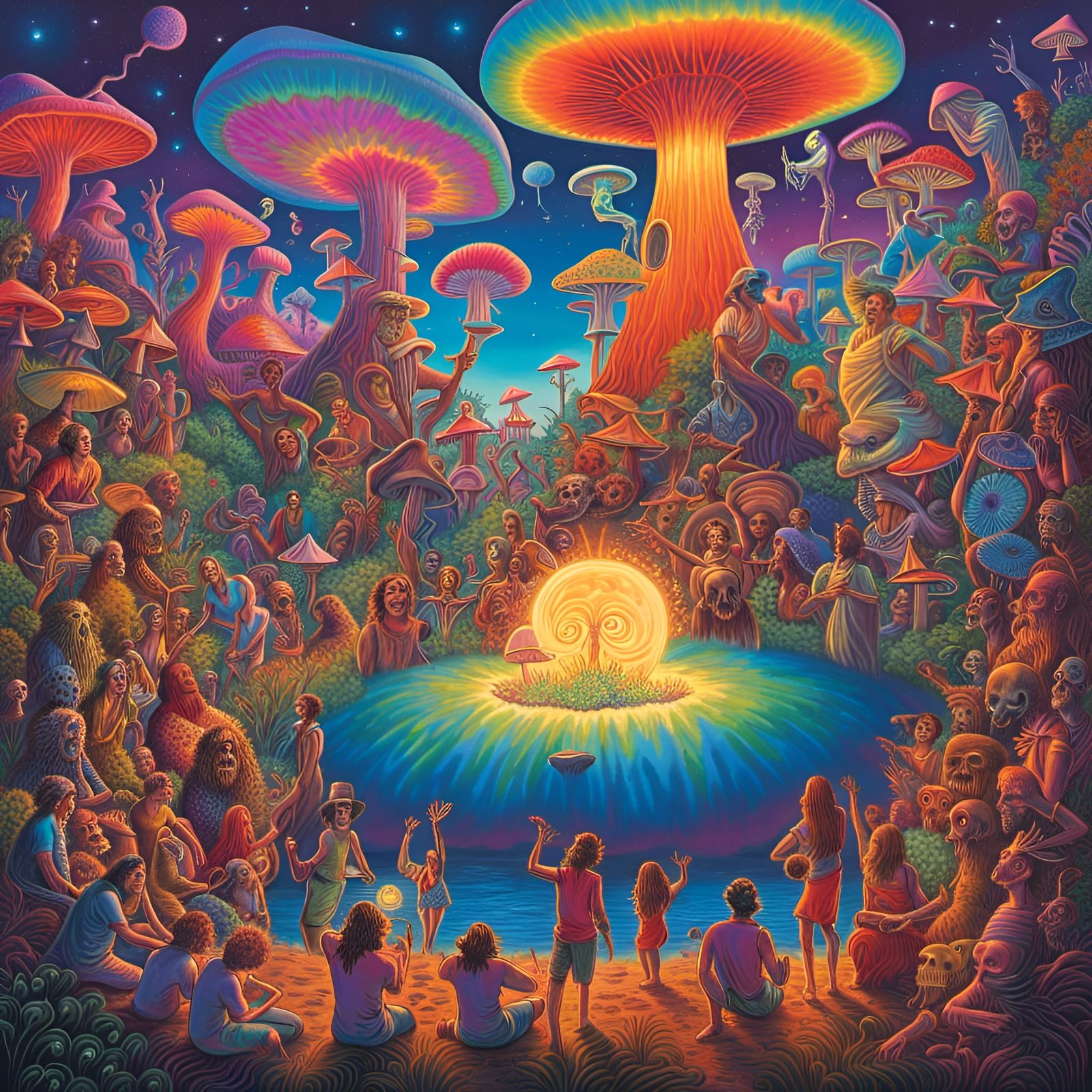 Greatful Dead Gathering of happy goofy Hippies in tie dye clothing ...