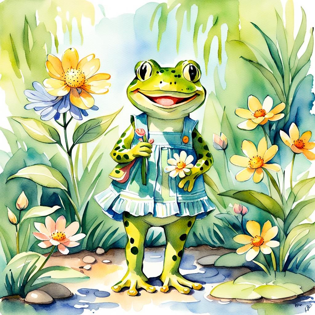 Whimsical Watercolor Frog Cub in Summer Attire - AI Art