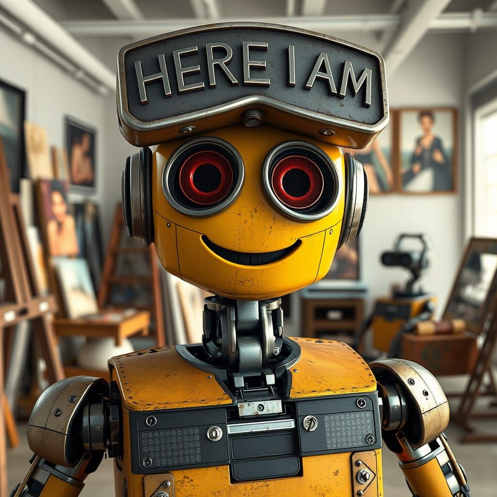 "Here I am" - Robot with Friendly Face in Futuristic Art Stu...