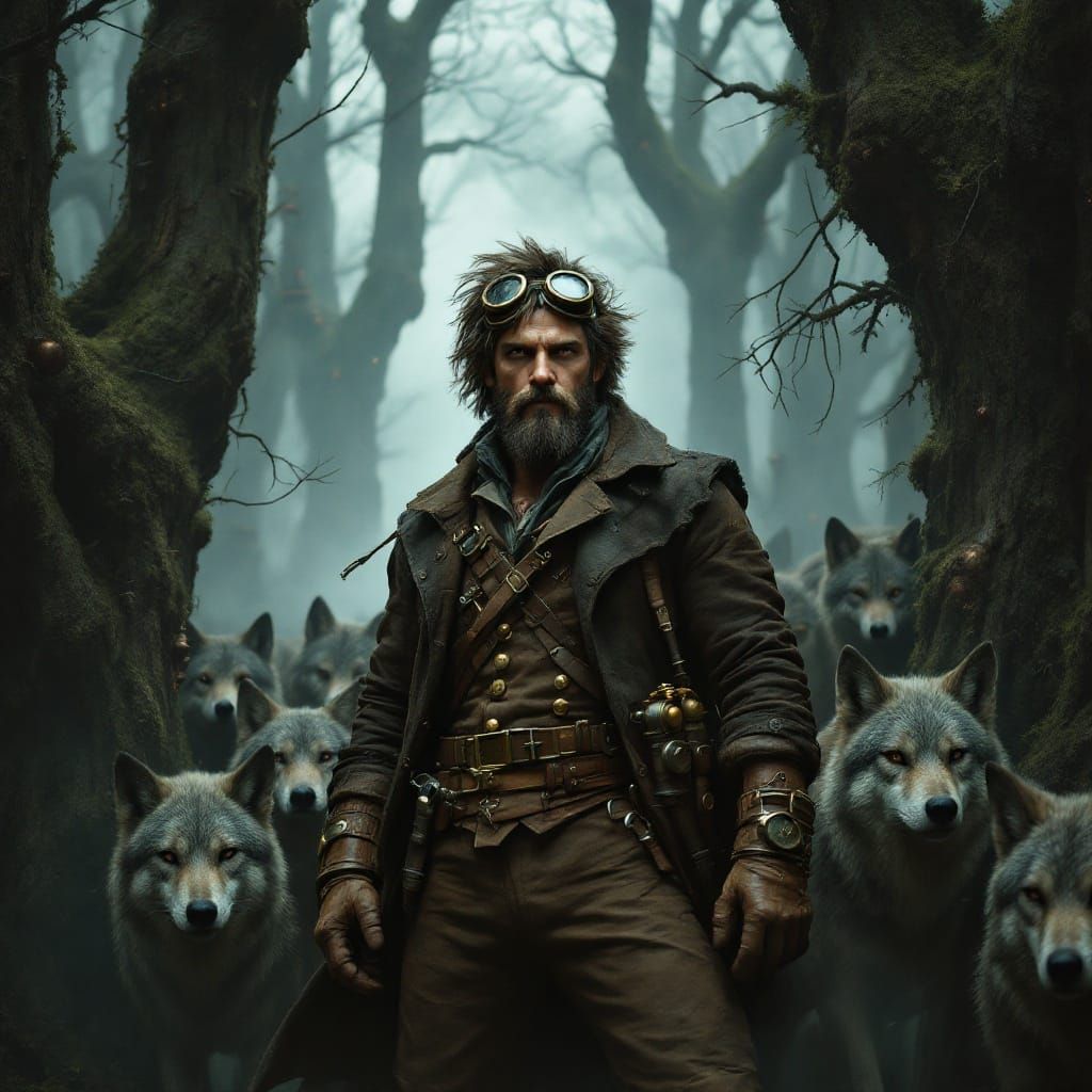 Steampunk Hunter Amidst Industrial Wolves - AI Art