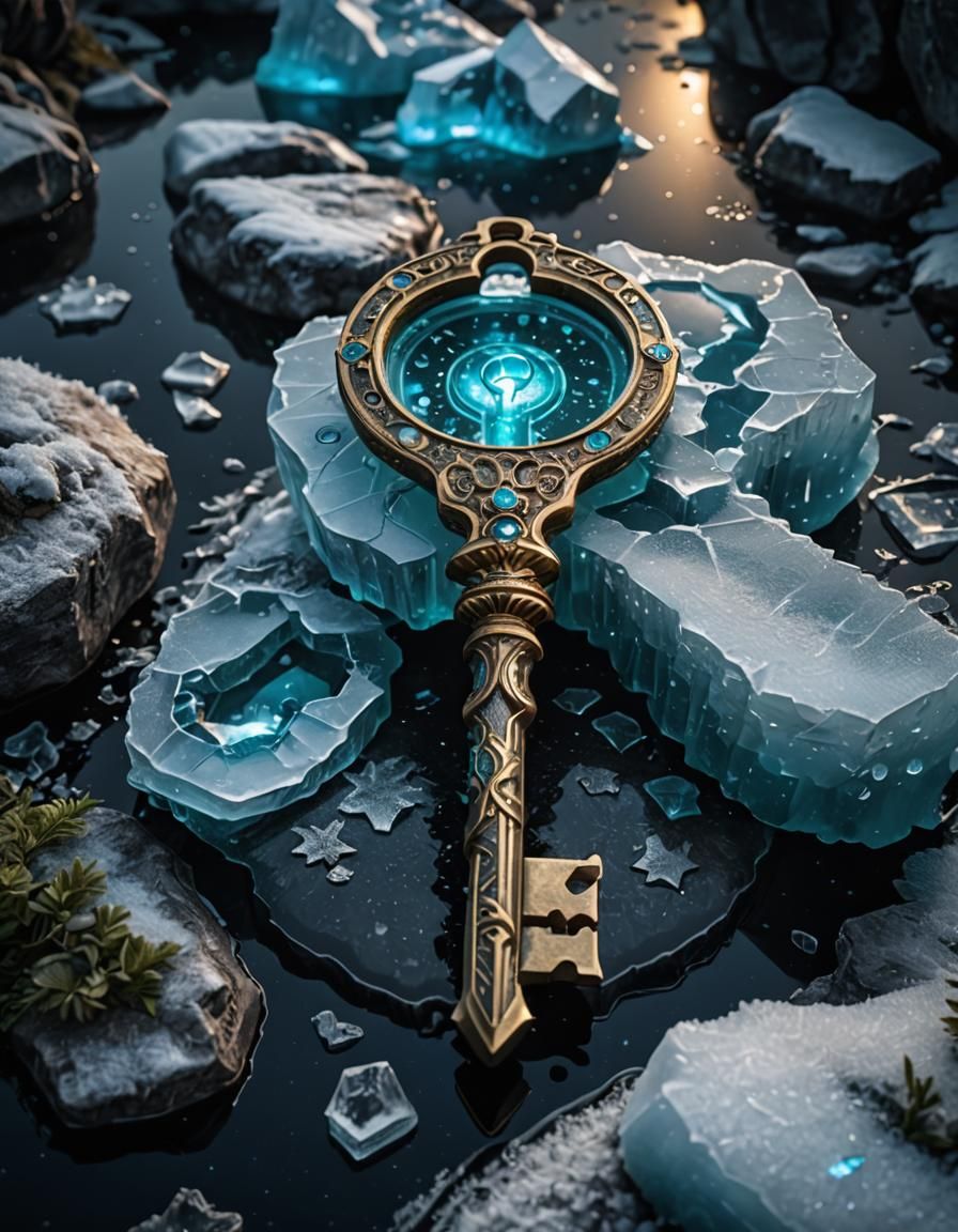 a bioluminescent glow magical frozen asgard key, - AI Generated Artwork ...