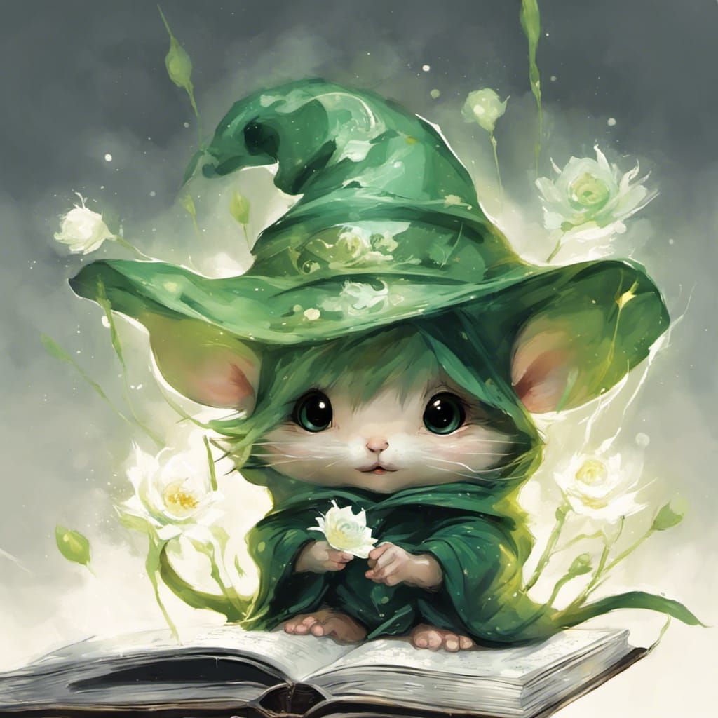 A whimsical adorable cute baby chibi fluffy wizard green witch mouse ...