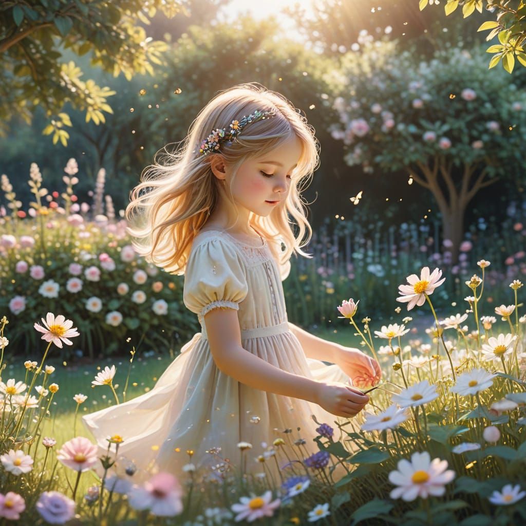 Kidcore, Liminal, Watercolor - Kidcore Garden Scene in Water...