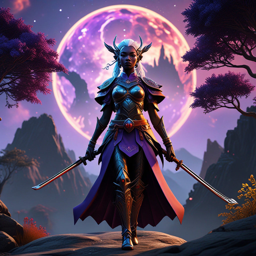 Ethereal Drow Elf Samurai Among Vibrant Nebula - AI Art