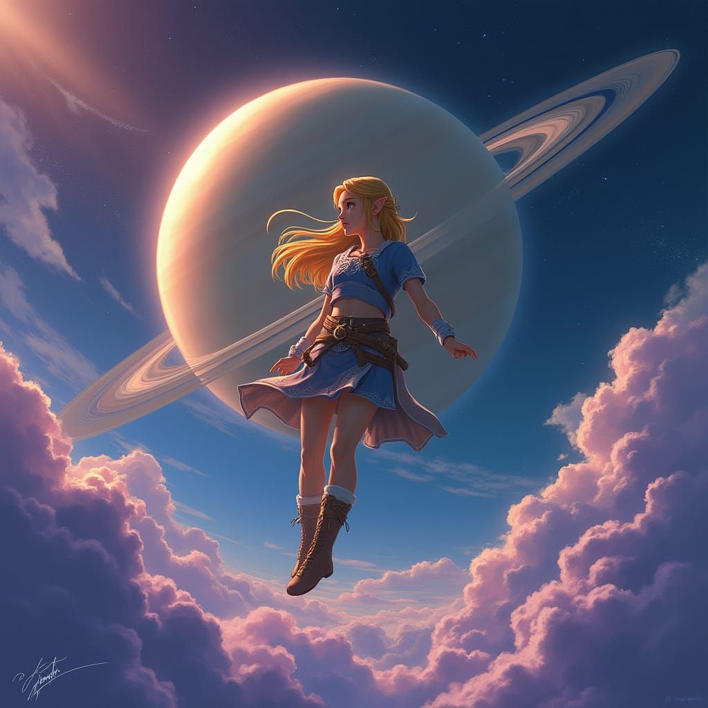 Zelda in Celestial Splendor: Floating Goddess Amid... - AI Art