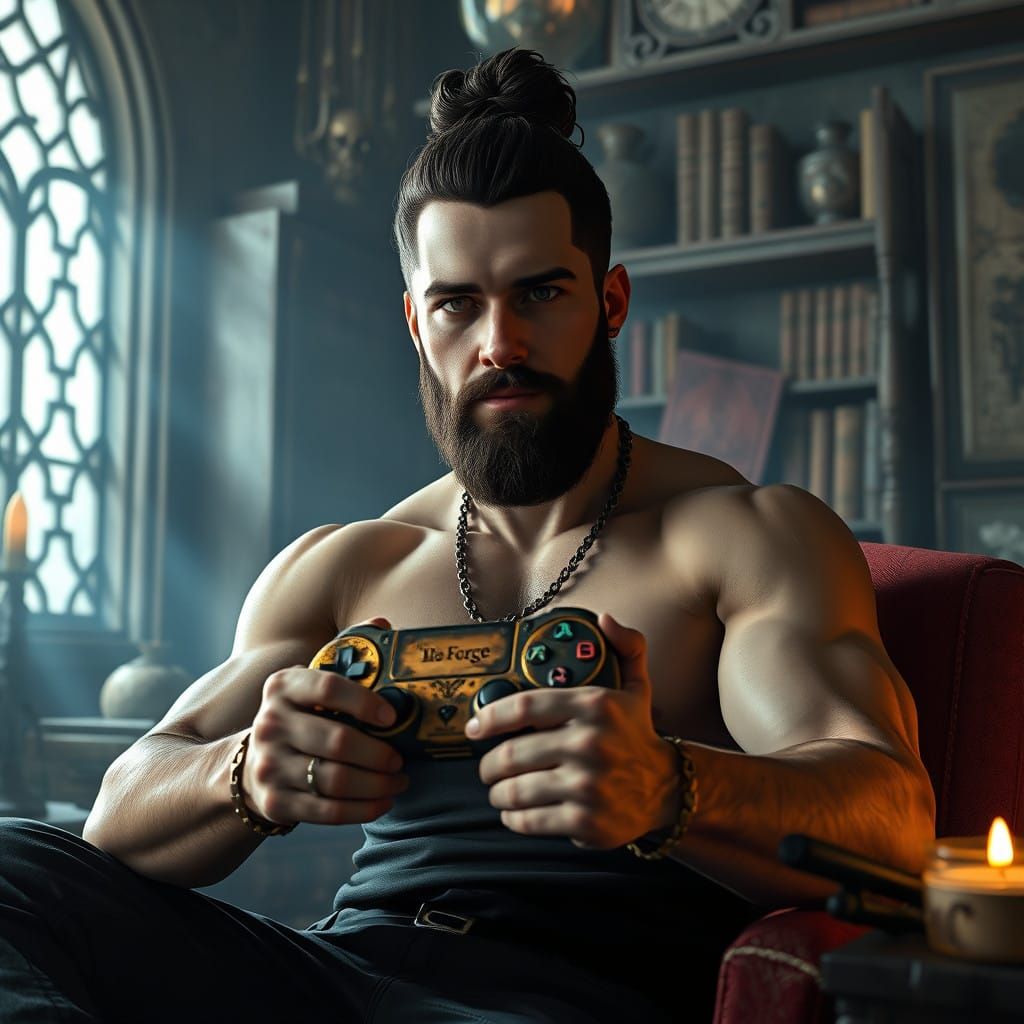 Relaxed Gamer in Mystic Game Room with Ancient Tom... - AI Art