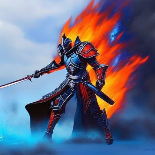 a knight, holding a sword, catching blue fire graffiti art, splash art ...
