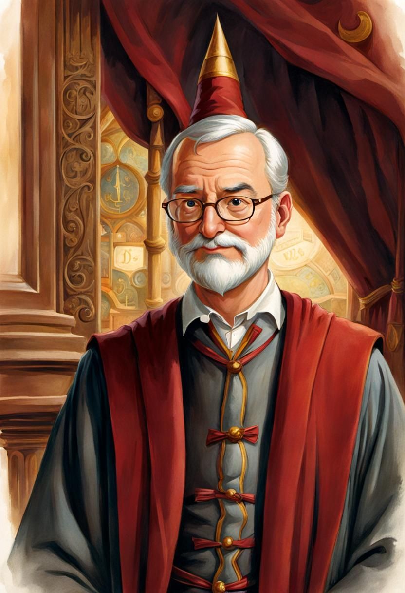 Storybook illustration of a round-faced man dressed in Wizard robes as ...