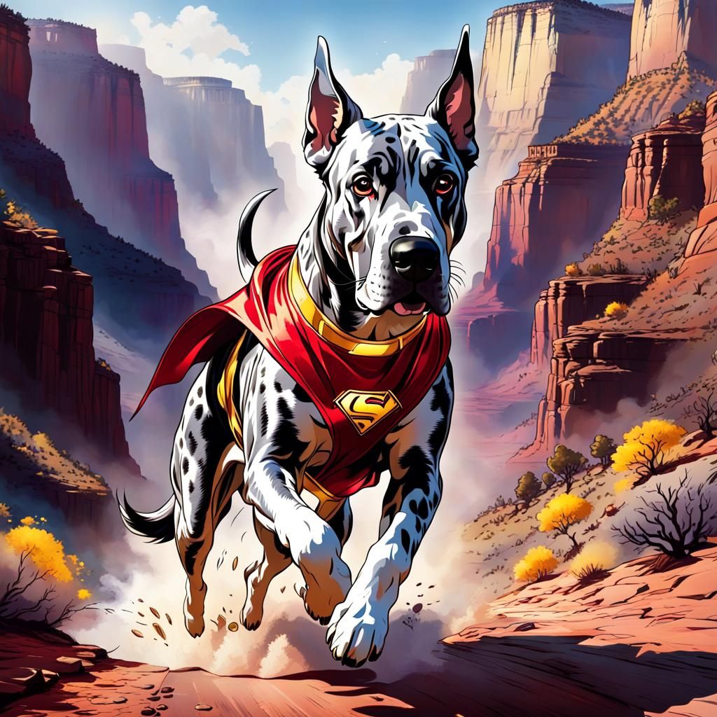 A large gray merle Great Dane dog with big brown eyes running through ...