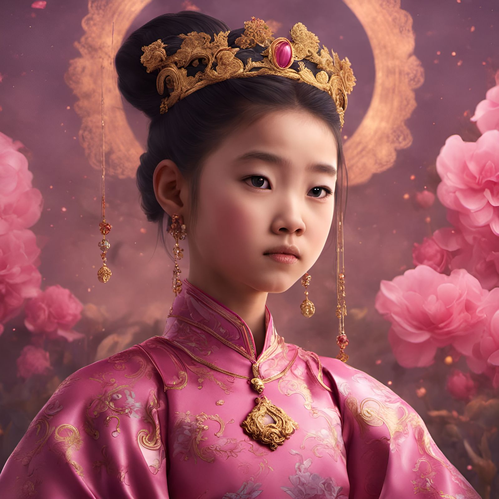 Young little princess of China wearing jewels, with a bun in her hair ...