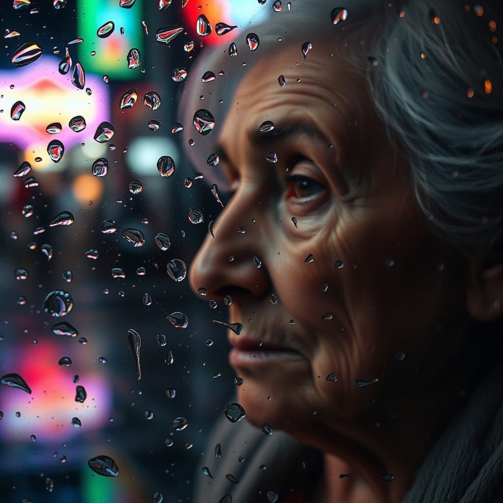 A hyperrealistic 4k photo of a rain distorted Old woman's face looking ...