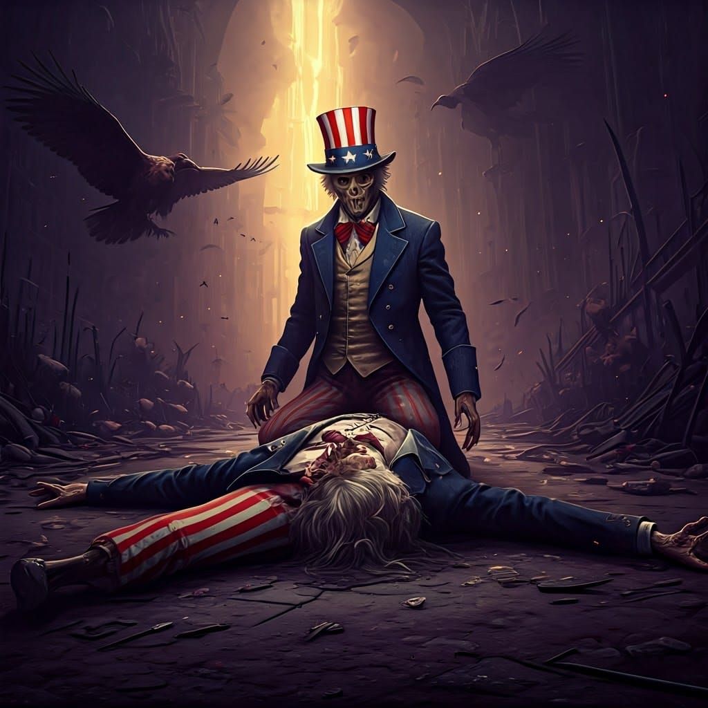 Wasteland Vultures Circling Uncle Sam's Limp Remai... - AI Art