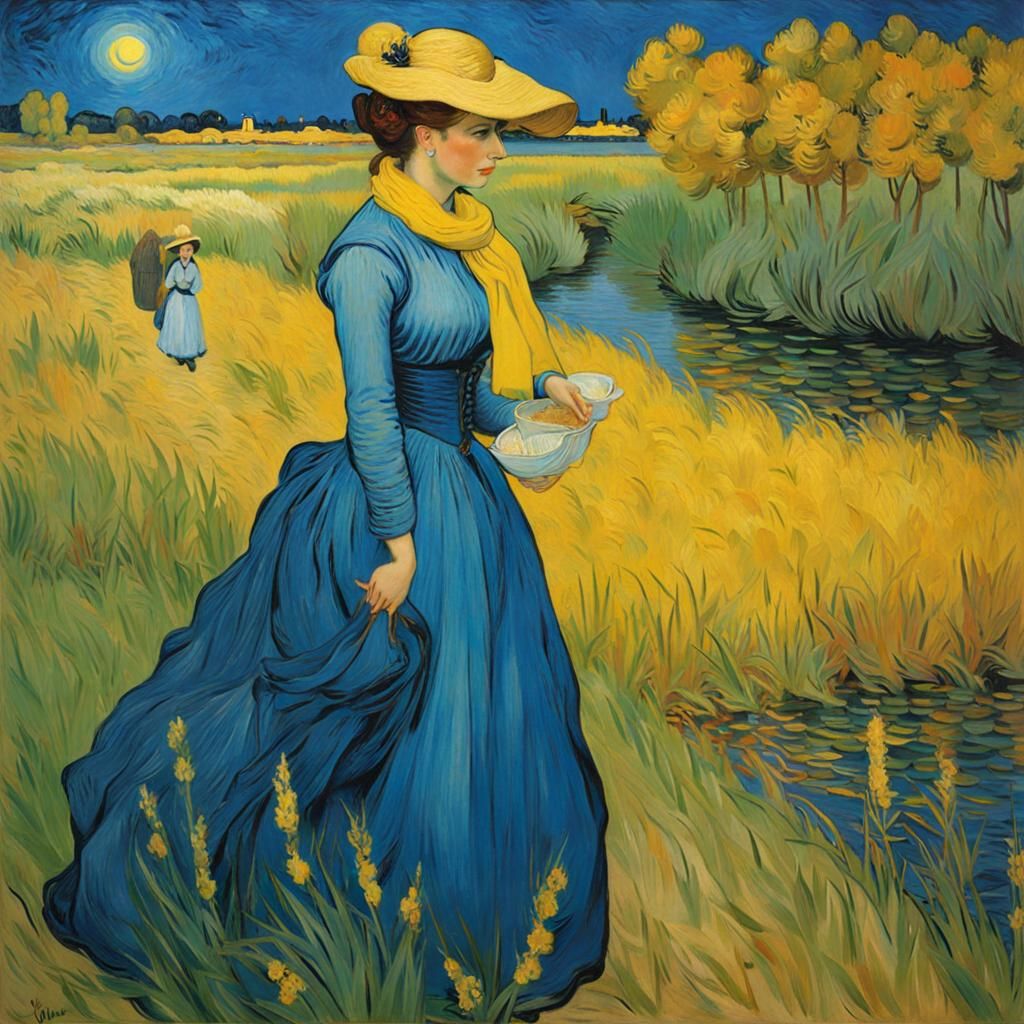 A very beautiful woman at the riverbank, blue dress, yellow scarf, by ...
