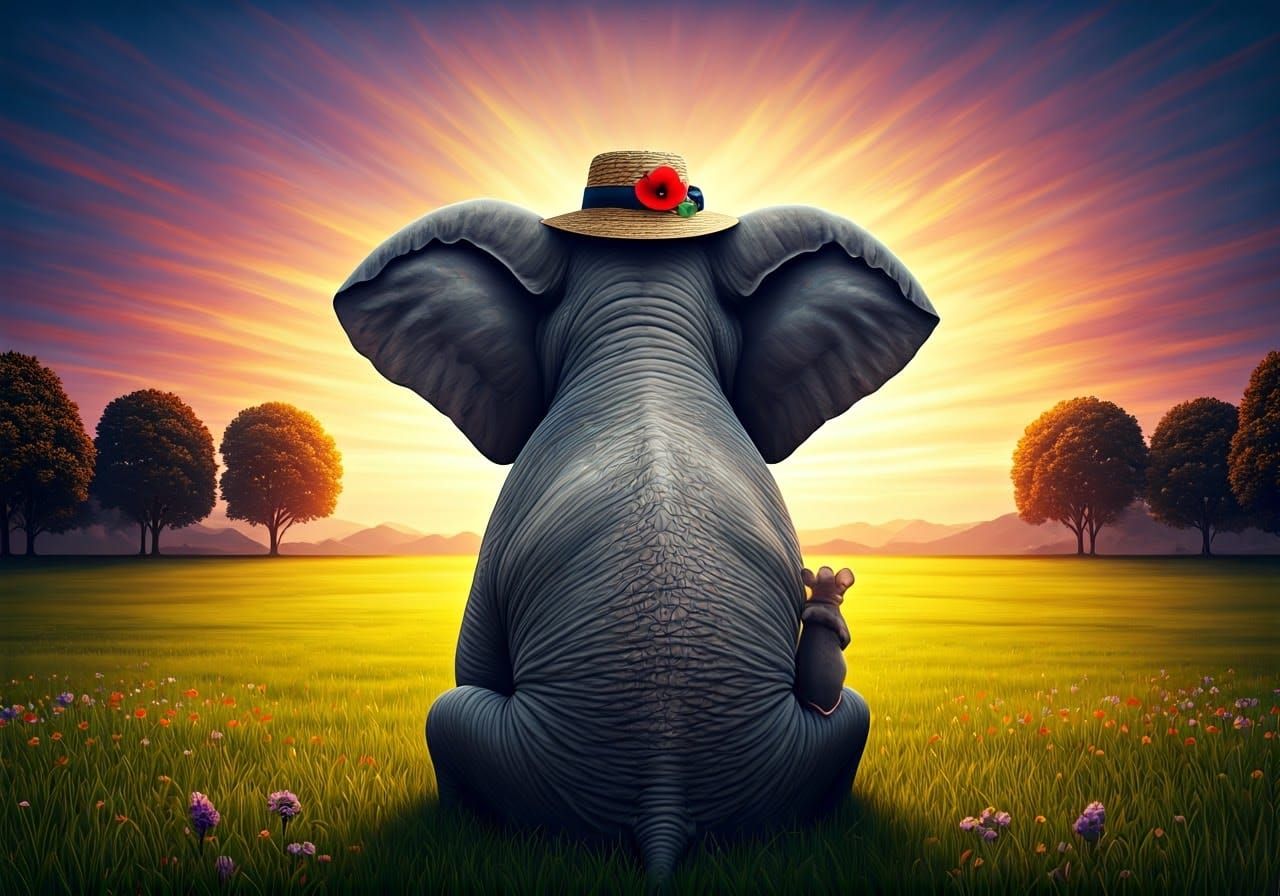 Elephant and mouse sitting in a field
