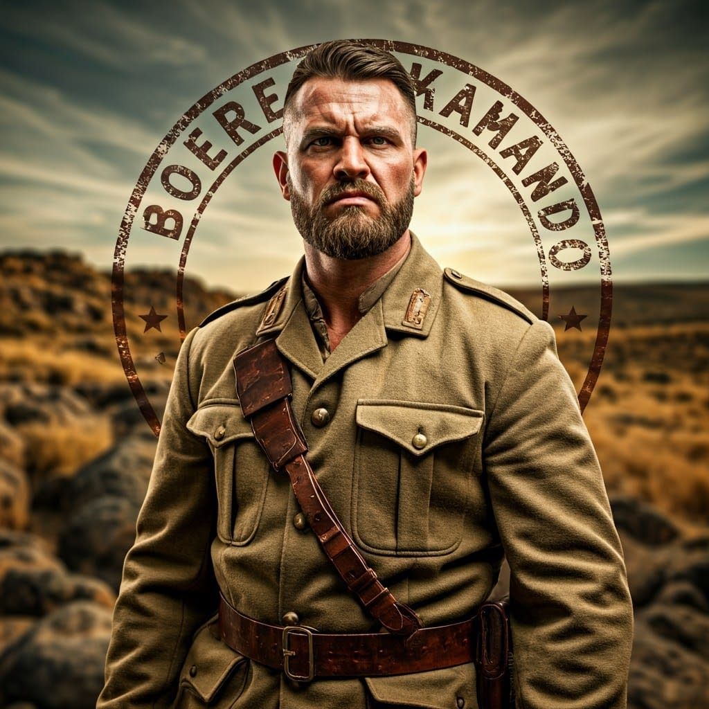Angry Boer Warrior Stands Amidst Battle Worn Lands... - AI Art