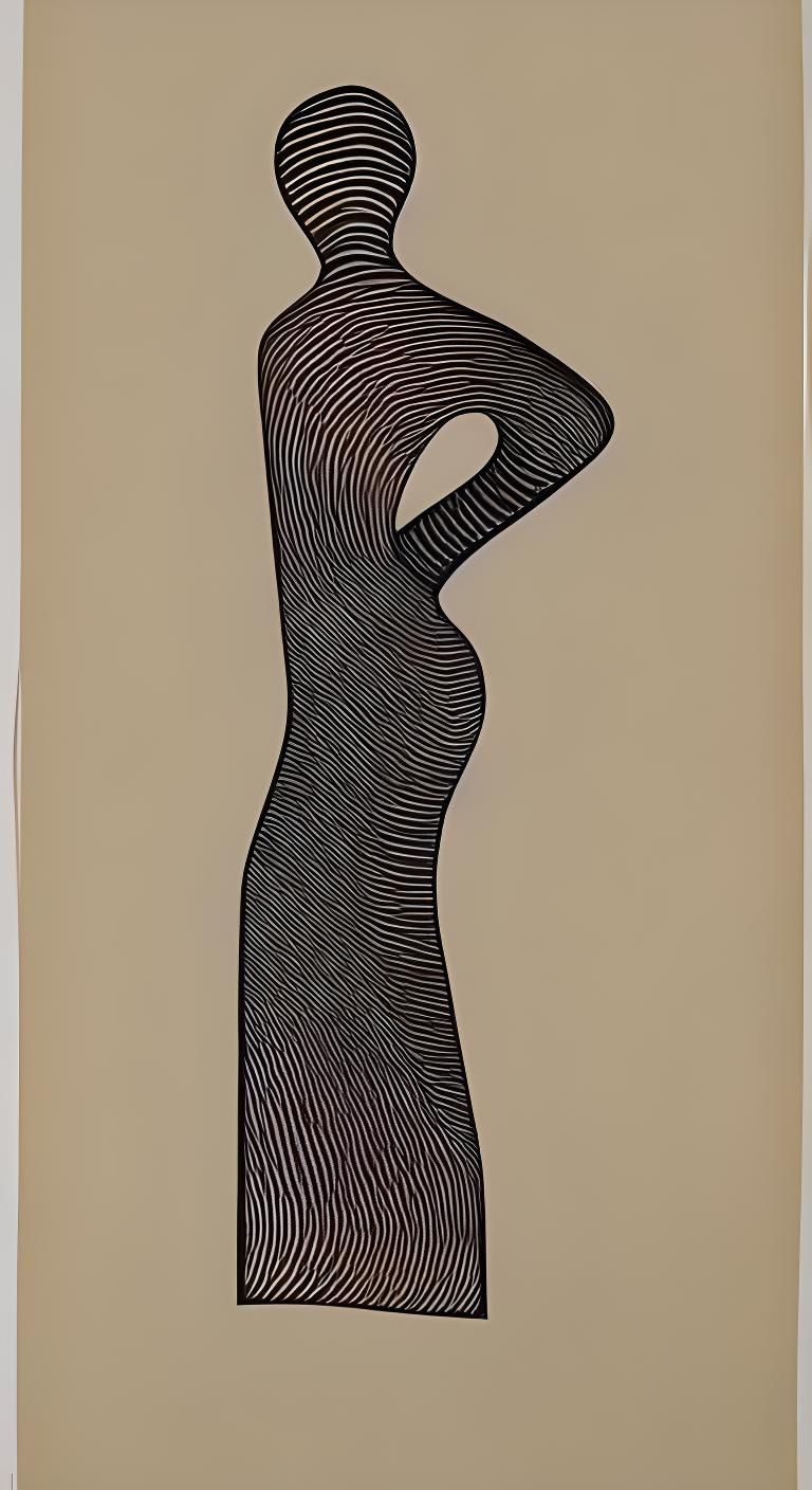 full length, woman in jumper, black ink. long calligraphic. sinuous ...