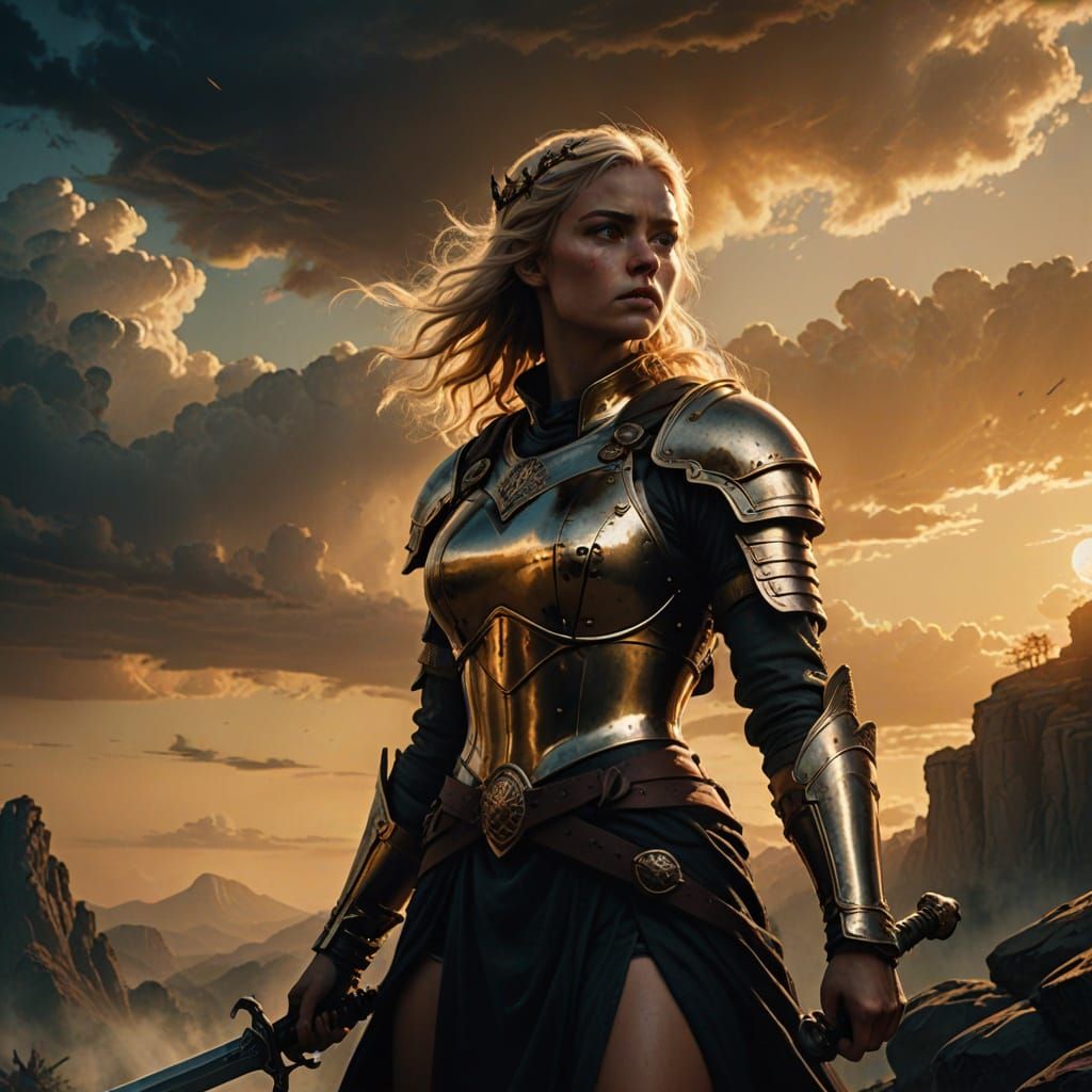 Elegant Cleric Raises Sword in Divine Light - AI Art