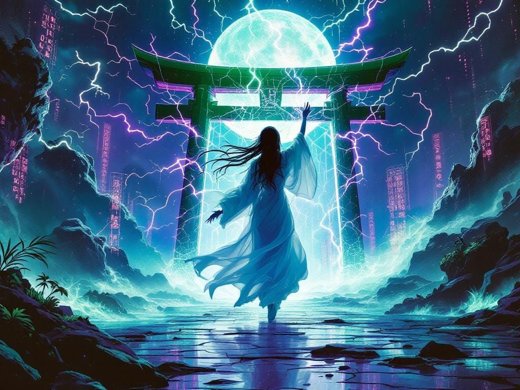 Cyber Shrine Maiden Typing on Neon Glyphs - AI Art