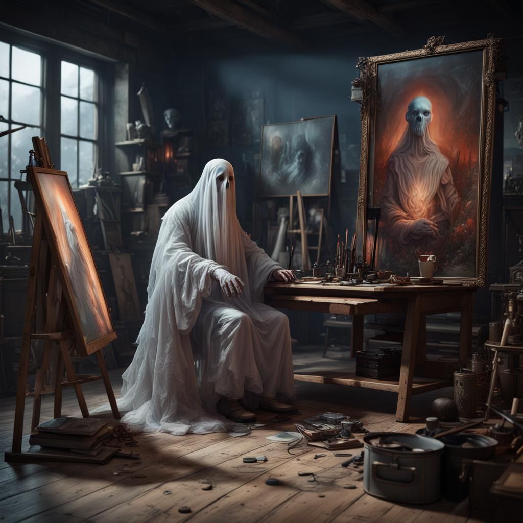 A ghost sitting in an art studio to have his portrait done. - AI ...