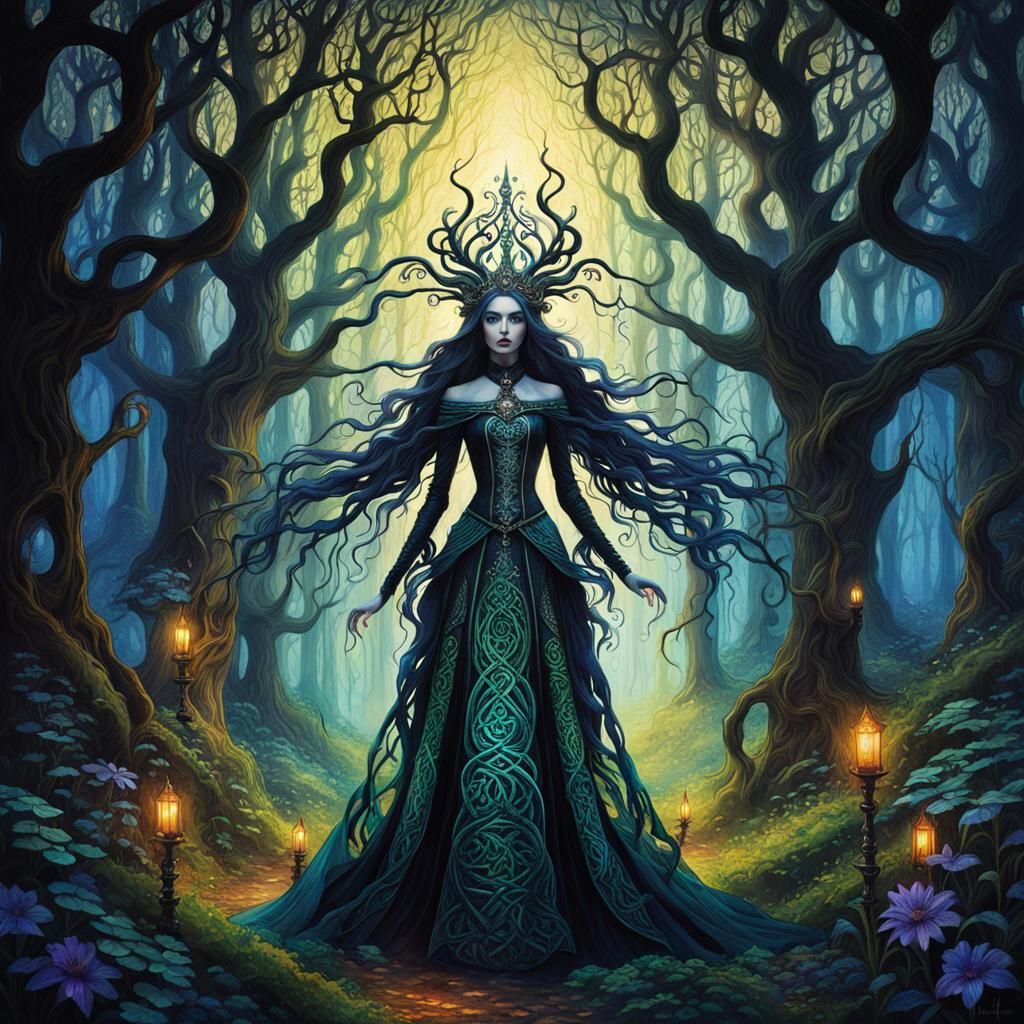 In a dark forest, you come upon a Celtic Banshee, beautiful and goth ...