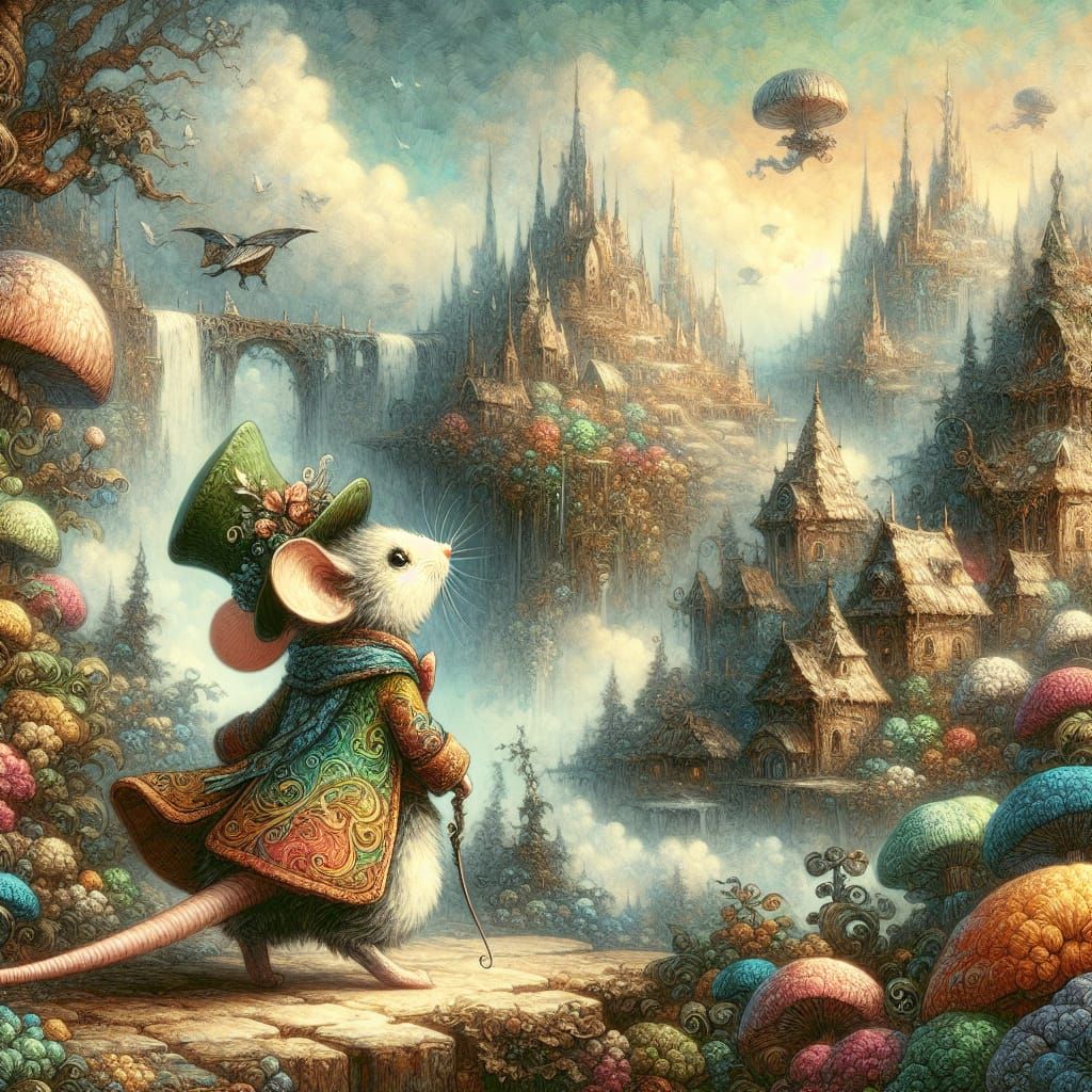 A fantasy dressed mouse in the land of alice in wonderland, clean oil ...