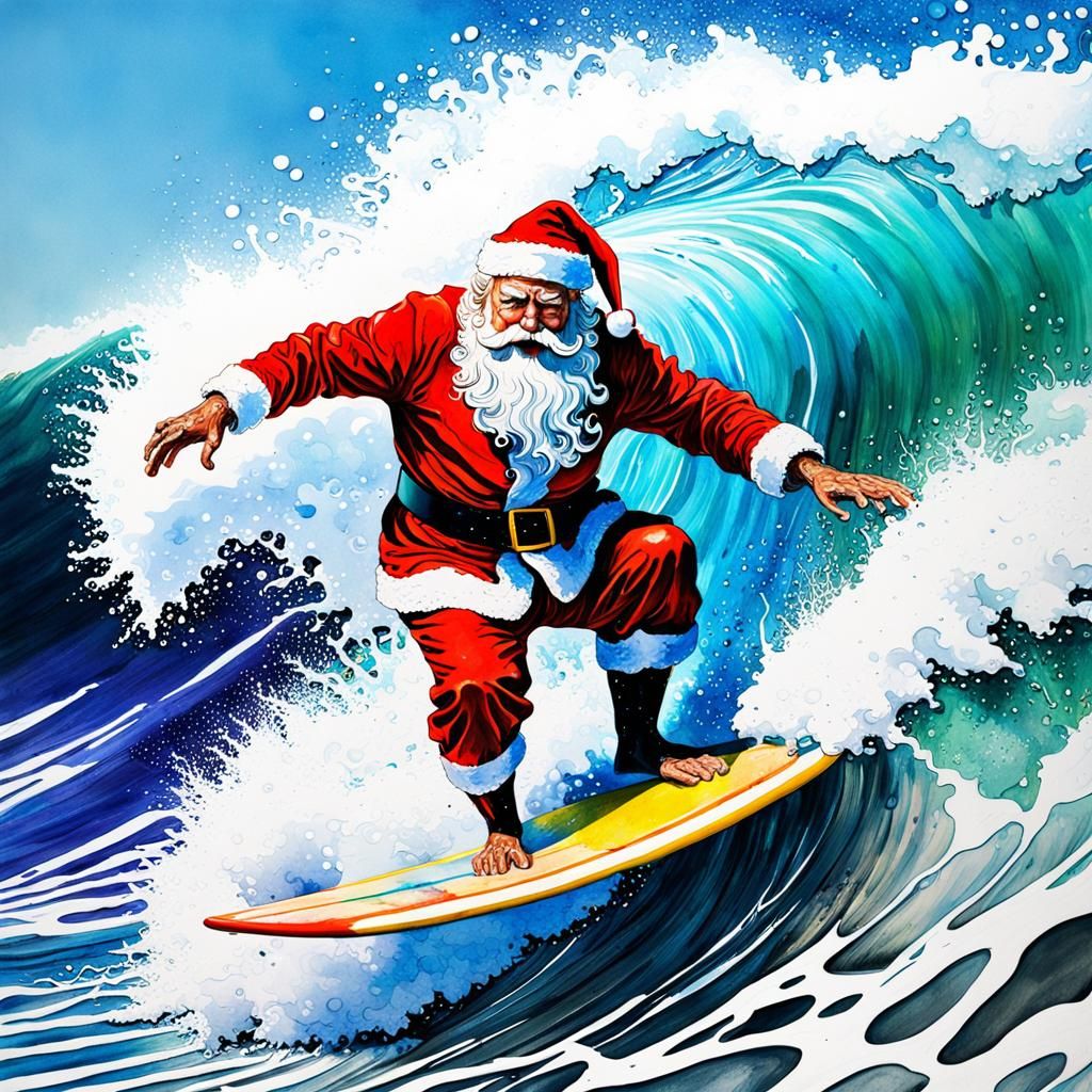 Surf Santa - Santa Claus Surfing a Wave: Ink Splatter Art