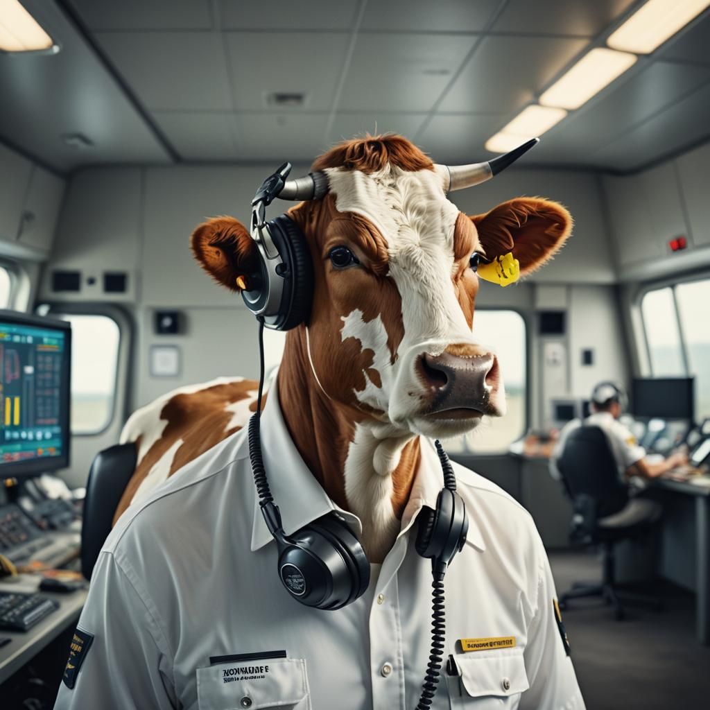 Hyperrealistic portrait of a handsome cow wearing air traffic ...