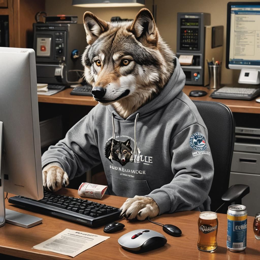 a realistic gray wolf sitting at a computer table in front of a ...