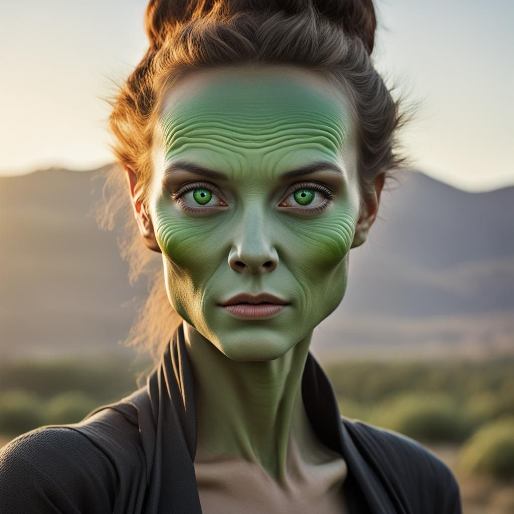 Beautiful alien woman, glowing forehead, hair swept up on head, green ...