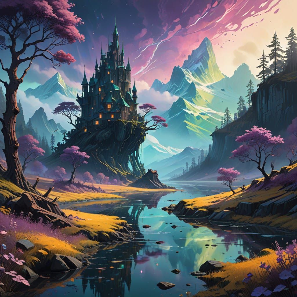 Dreamlike Scene with Swirling Shapes and Iridescen... - AI Art