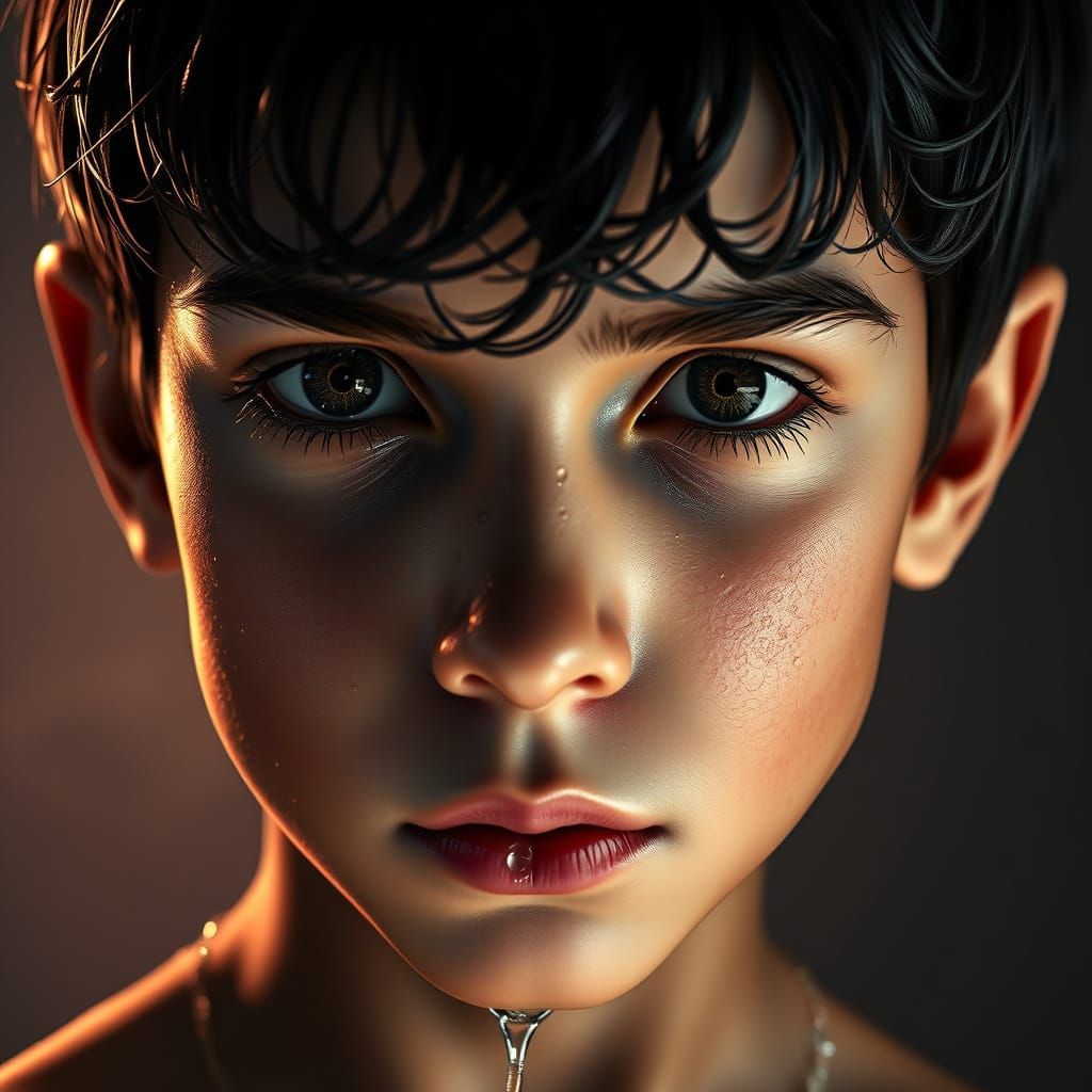 Sweat Beads Glisten on a Boy's Face in Hyper-Reali... - AI Art