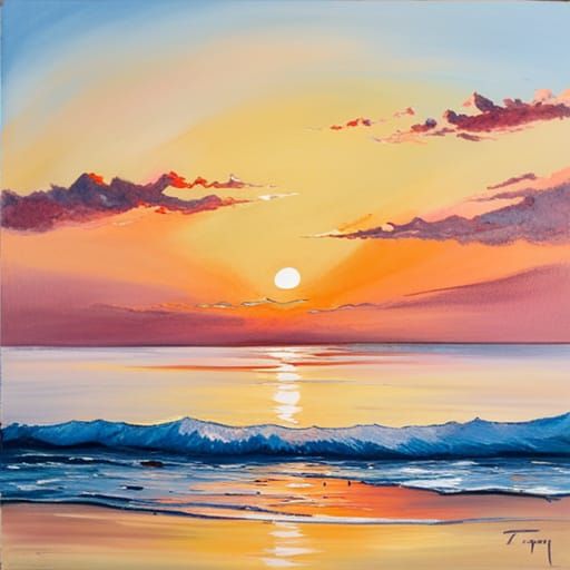 stunning gouache painting of vast ocean with beautiful sunset sky ...