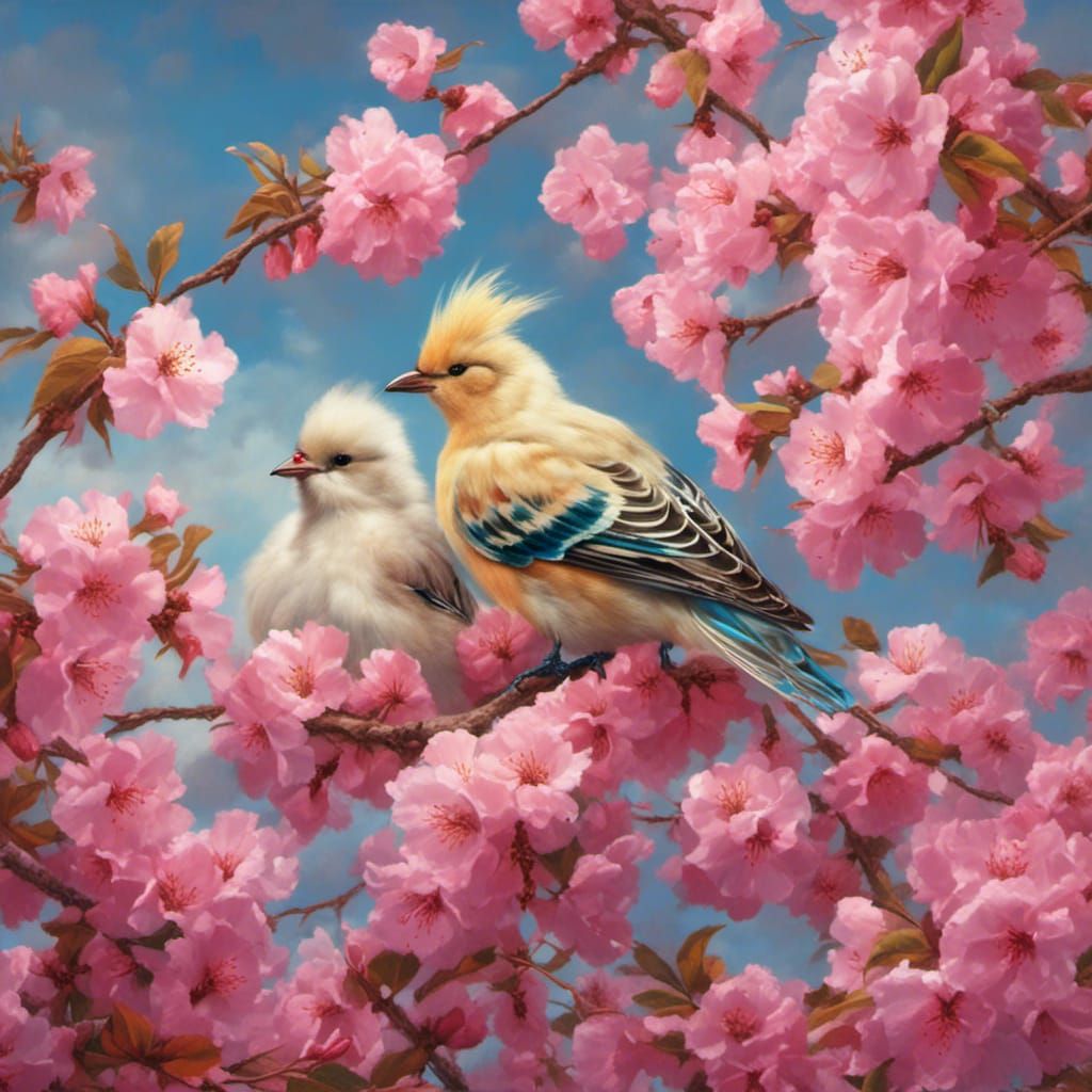 Pretty Birds in a pear tree, vibrant sky and beautiful blossom. - AI ...