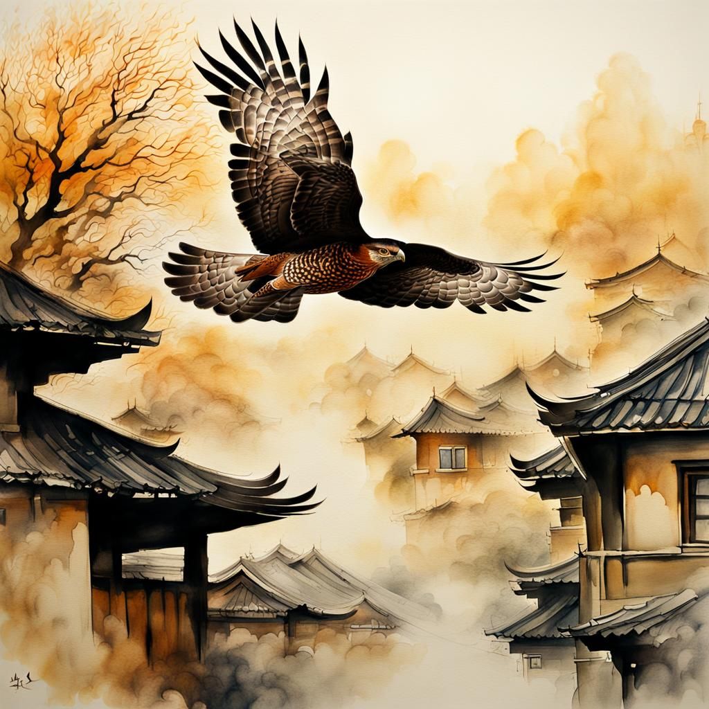 a hawk flying over suburban houses and trees, misty morning, early ...