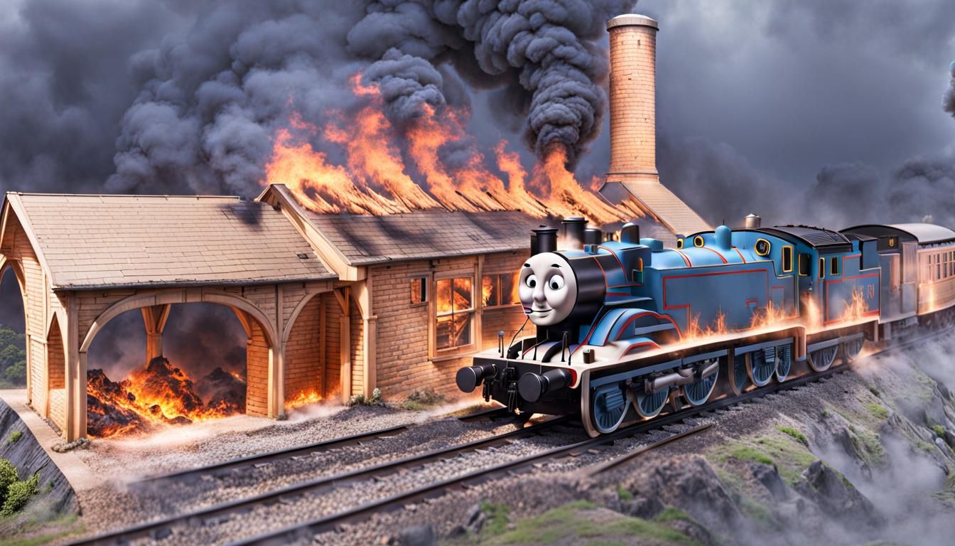 A demonic Thomas the tank engine, hellish engulfed in flames trainstop landscape, highest ...