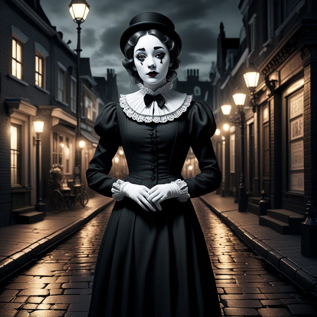 beautiful illustration of a mime woman, victorian city