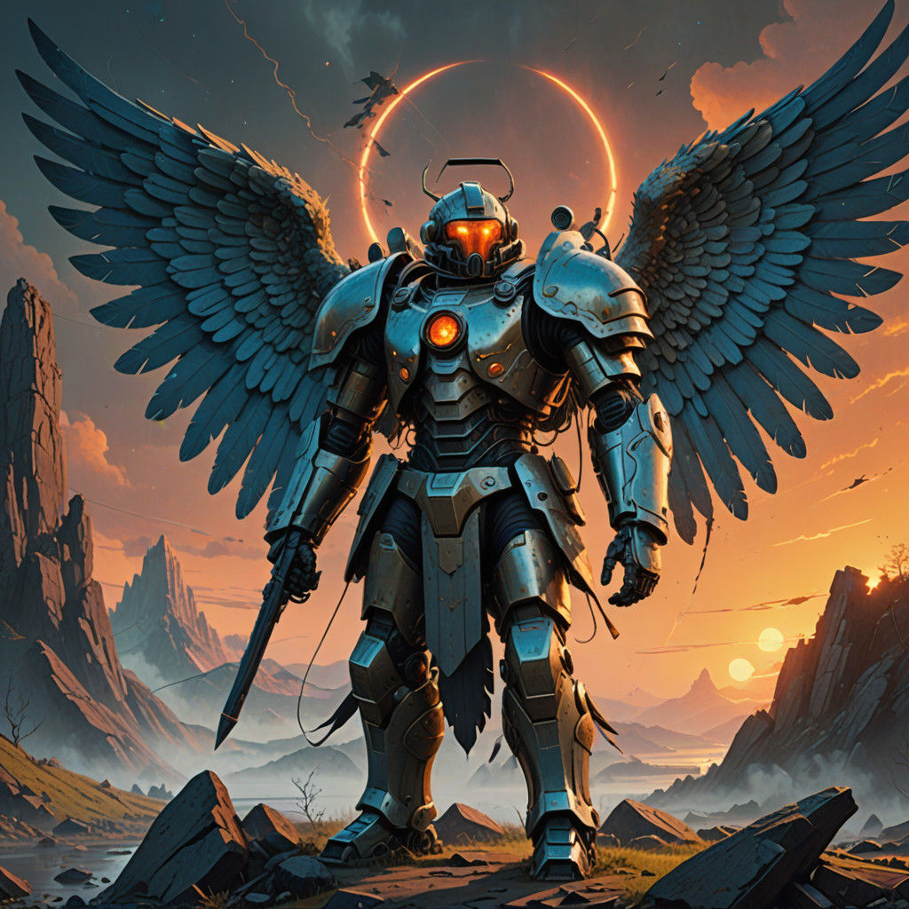 Strong Angel Stands Vigilant in Celestial Realm to