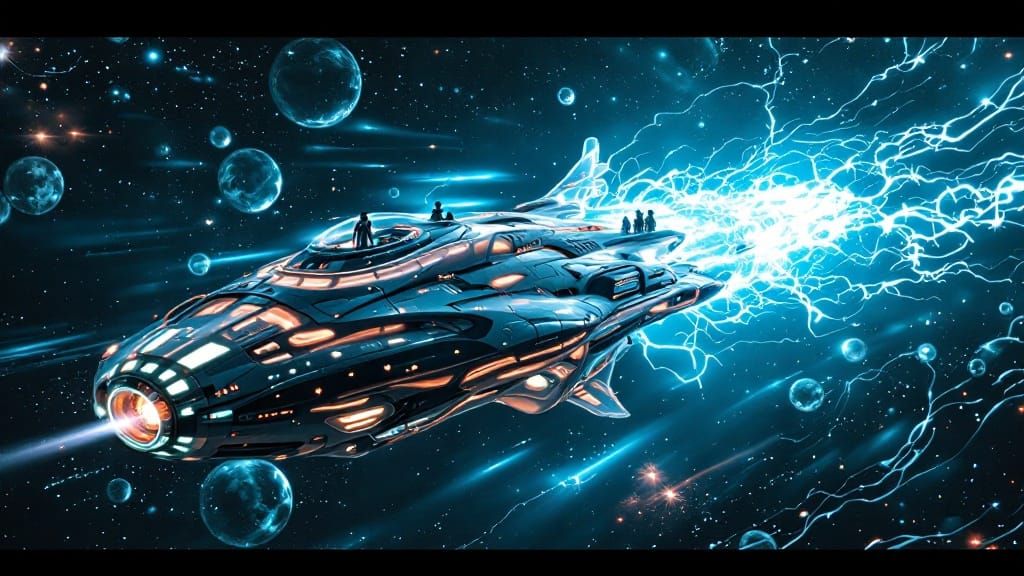 "A majestic, organic-style alien starship prepares for its first warp ...