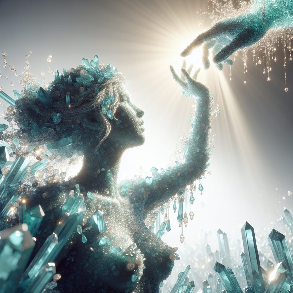 An aquamarine crystal woman reaching to the sky for help, a magical ...