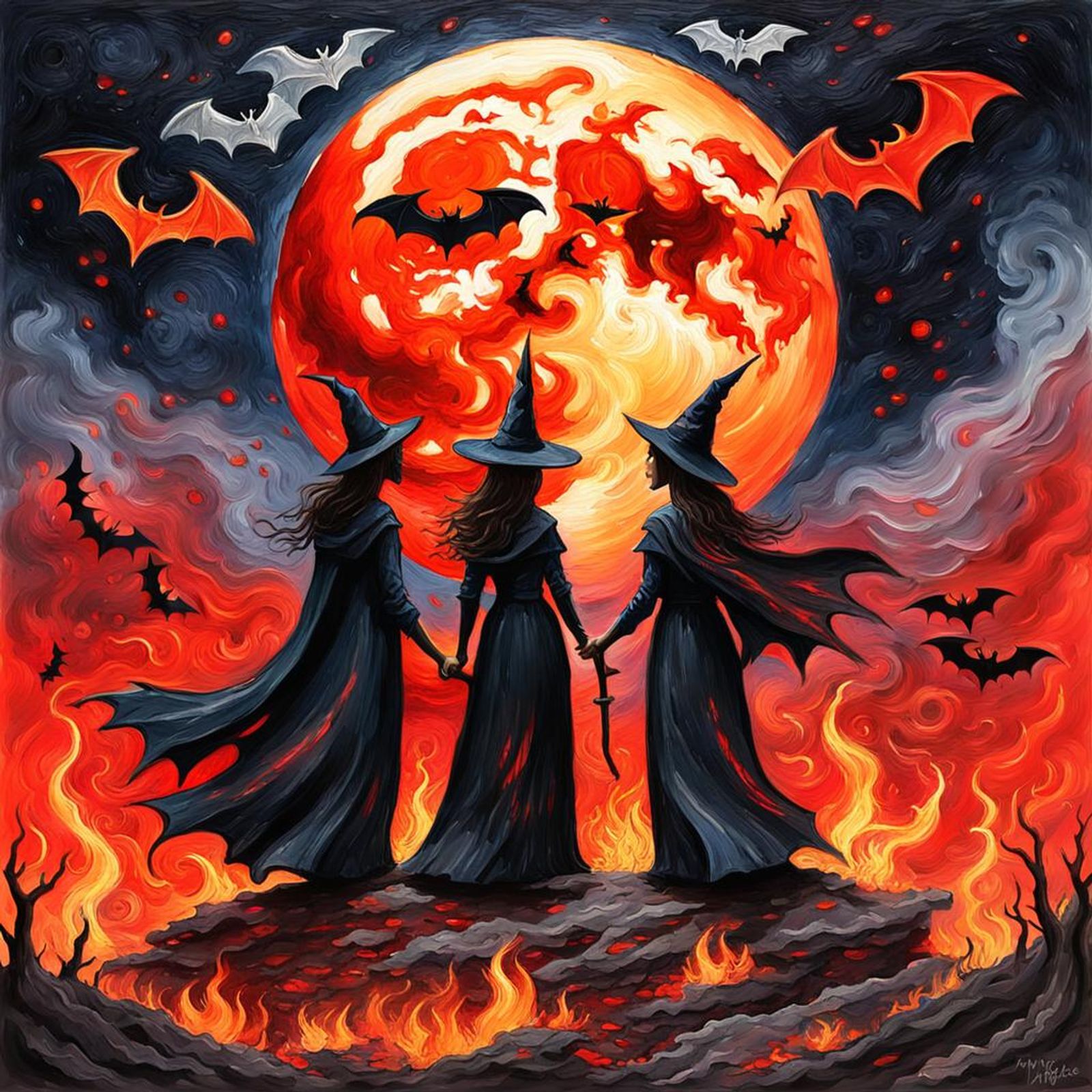 Three Witchs on a mountain surrounded by fire. Night. Red moon. Bats. - AI Generated Artwork ...