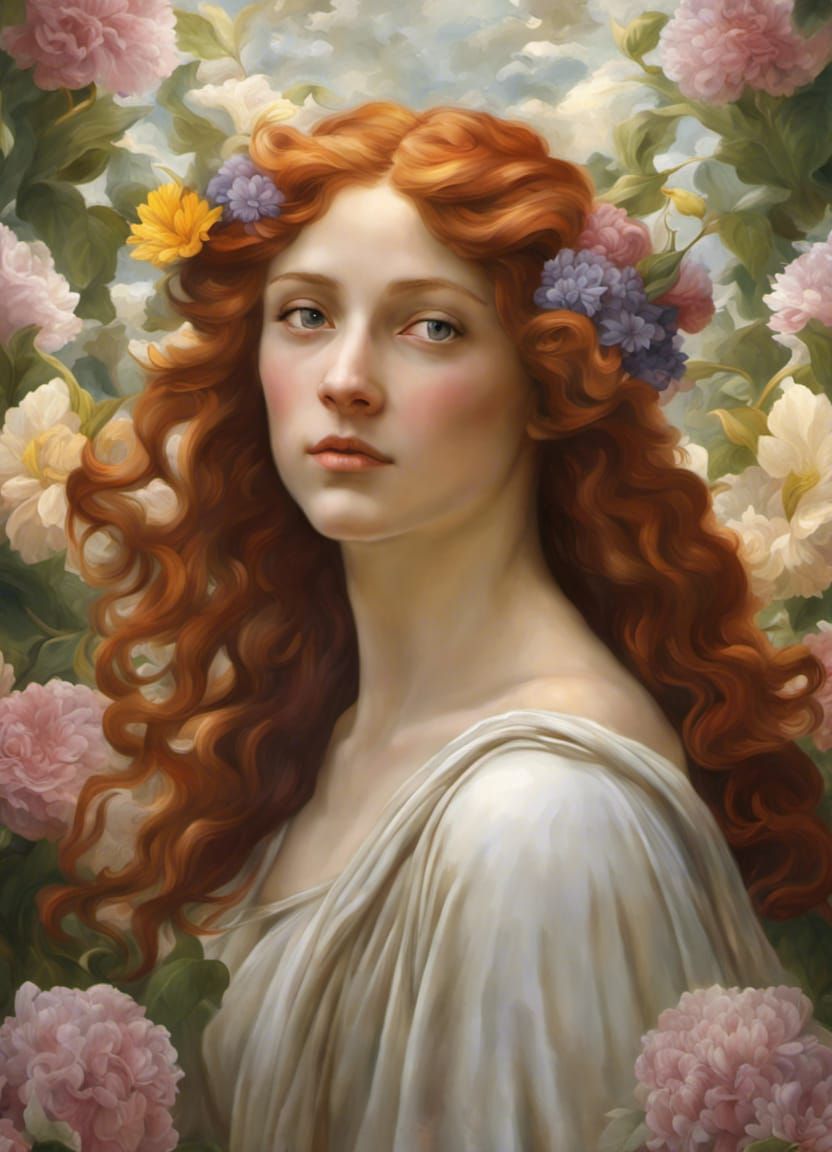 Flora, the Roman goddess of flowers, pale, with auburn hair and ...