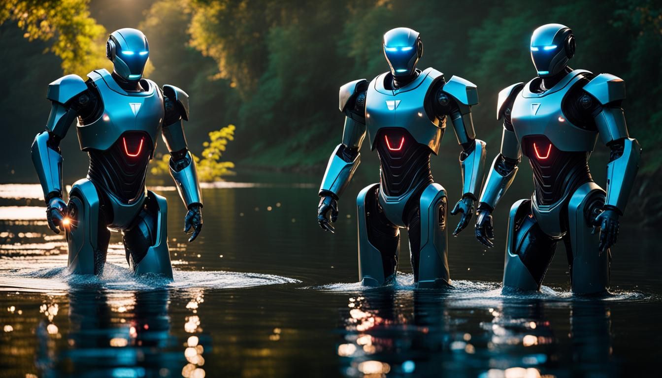 Insanely detailed cinematic Photography of Three handsome Tesla robots ...