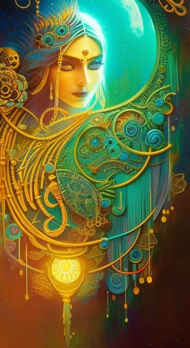 Bioluminiscient steampunk aztec Moon Goddess luminous colors, golden ...