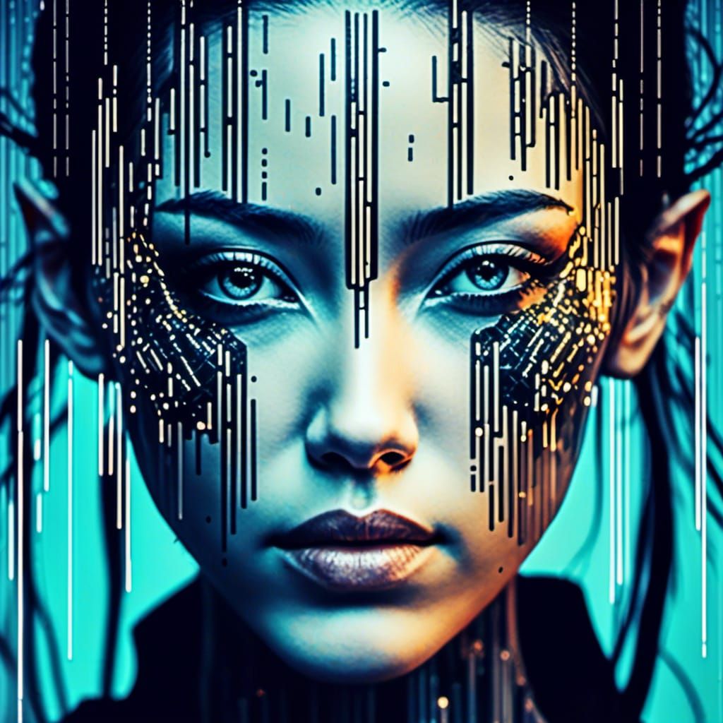 A beautiful female cyborg with matrix-like glitch lines vertical just on her face. - AI ...