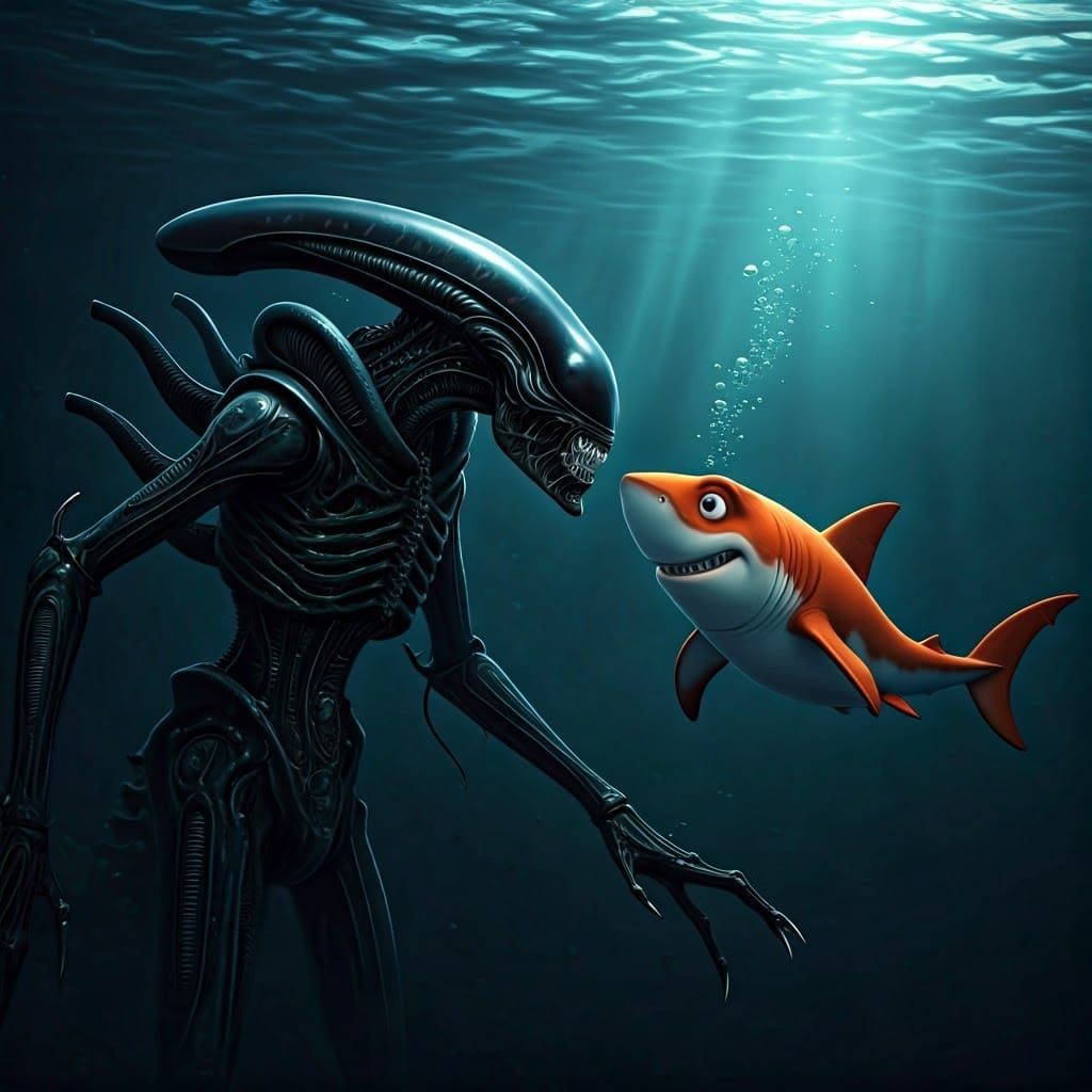 Dark Alien Confronts Cartoon Shark in Underwater S... - AI Art