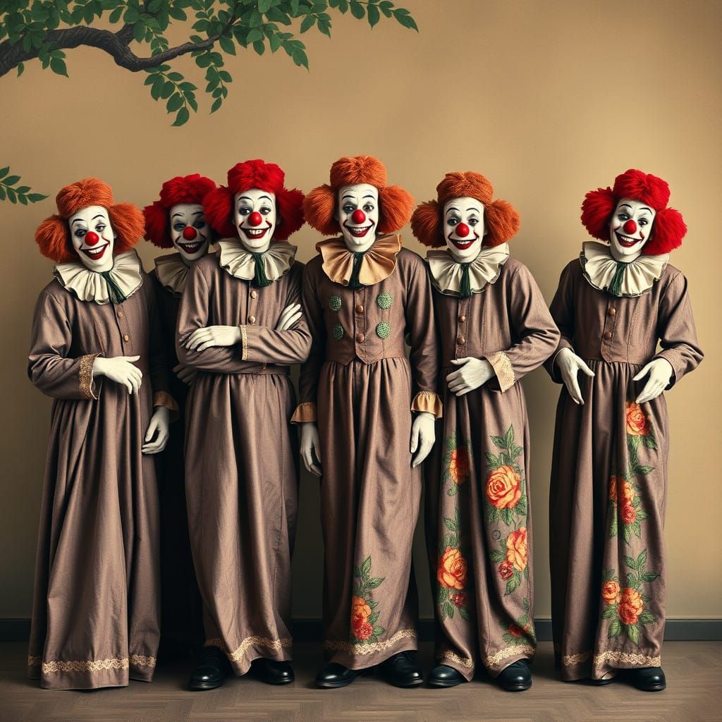 "Clowns in Gowns" - Clowns in Elegant Evening Gowns in a Dr...